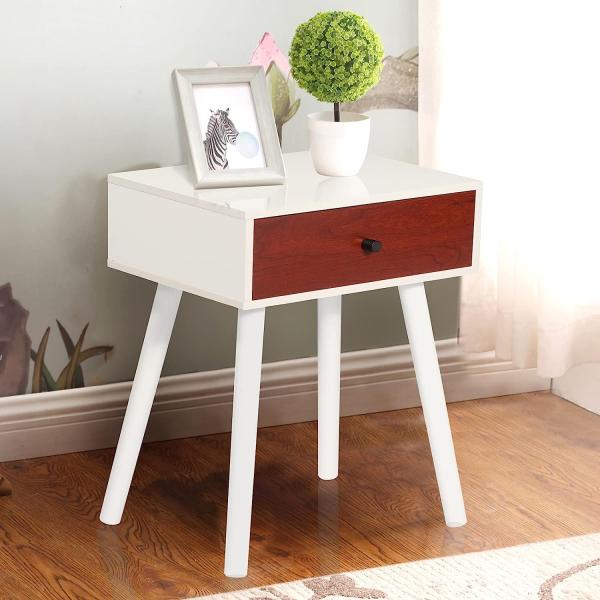商品名White Nightstand with a Drawers, Mid Century Modern End Table in Living Room, Small Wood Bedside Table in Bedroom, Cu...