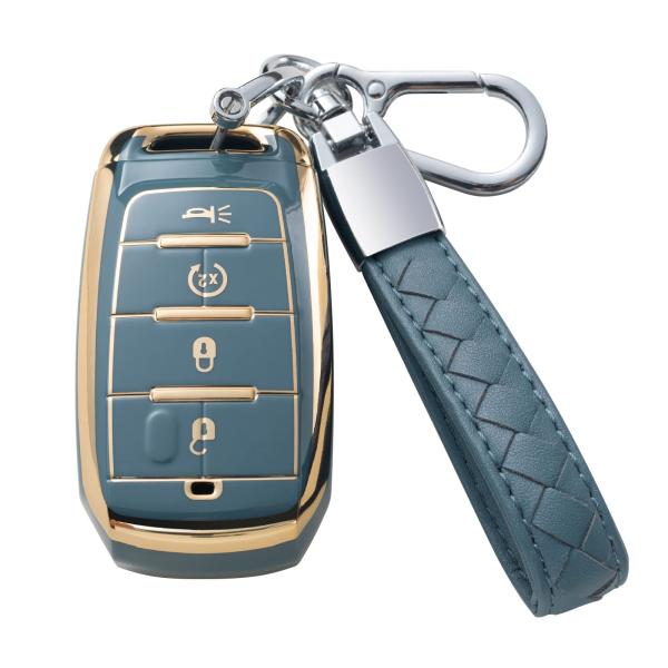 商品名: CHEZENHUI ダッジキーフォブカバー レザーストラップ付き 車のキーケース シェル保護 2019-2022 ダッジ・ラム 1500 2500 3500 4500 5500 3/4/5/6ボタンスマートリモコン用 ブルー CH...