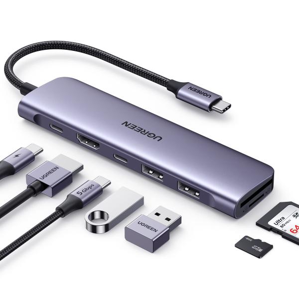 商品名: UGREEN USB-Cハブ 7-IN-1 USB ハブ Type-C PD100W急速充電 USB-C 5Gbps高速転送 4K HDMIハブ USB 3.0 2ポート拡張 SD Micro SD/TFカードリーダー 付き タイ...