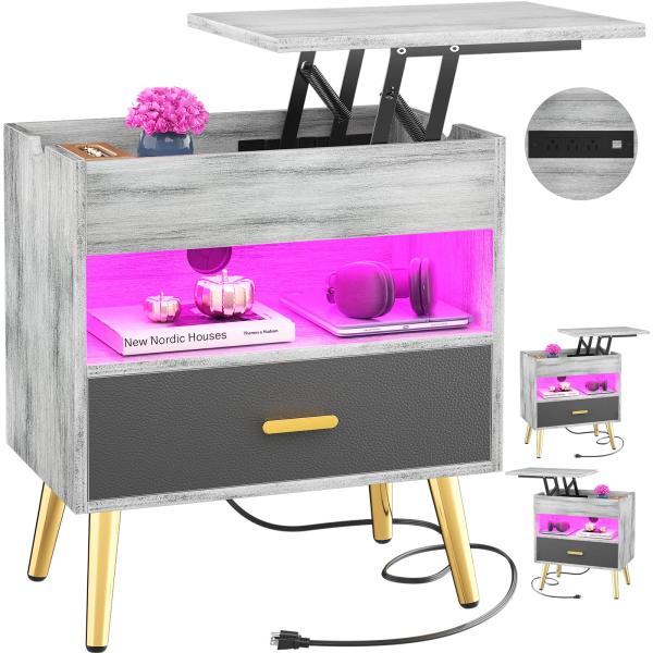 商品名:  Cyclysio 35 Inches Nightstand with Reversible Lift Top, Large Night Stand with LED Lights, Tall Bedside Table with...