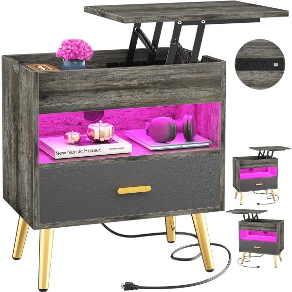 商品名:  Cyclysio 35 Inches Nightstand with Reversible Lift Top, Large Night Stand with LED Lights, Tall Bedside Table with...