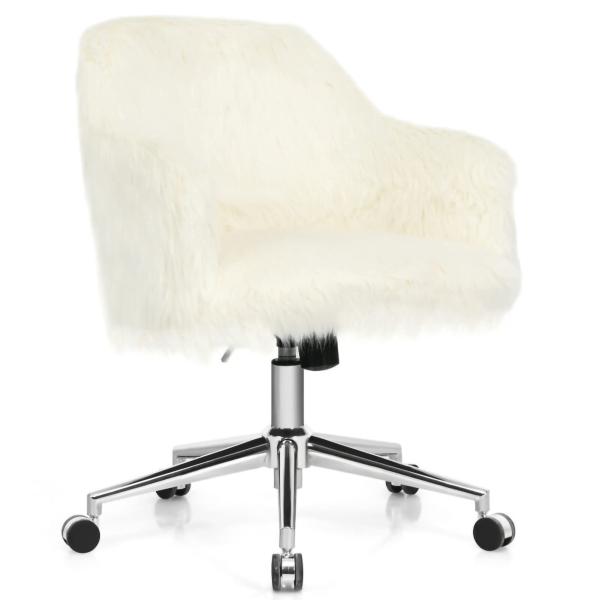 商品名:  White Faux Fur Desk Chair, Cute Fluffy Upholstered Padded Seat, Vanity Accent Modern Height Adjustable Swivel Arm ...
