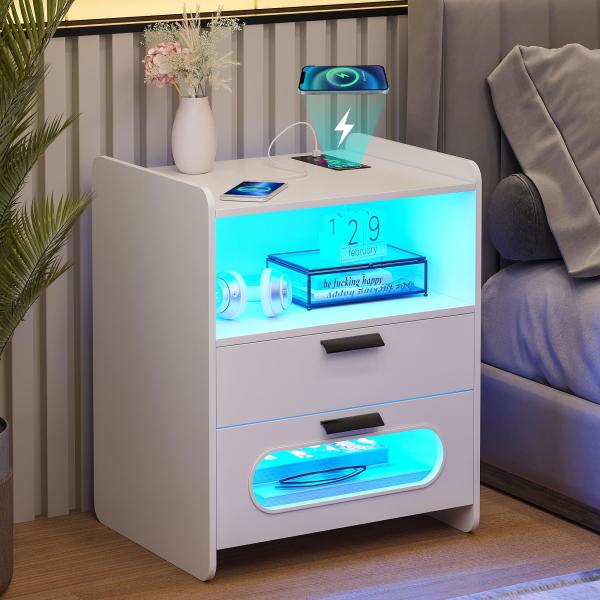 商品名:  HNEBC RGB Nightstand with Wireless Charging Station &amp; USB Ports,LED Nightstand with Human Body Induction,Smart...
