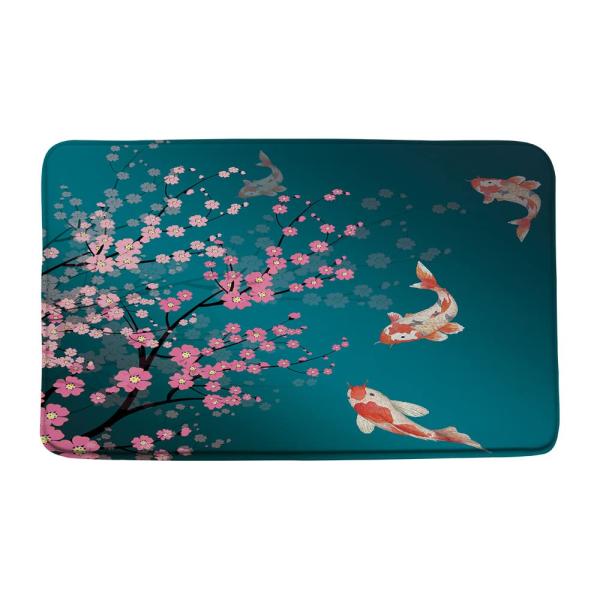 商品名:  Japanese Cherry Blossoms Bath Mat Asian Chinese Oriental Pink Watercolor Teal Blue Flower Branch Fish Carp Spring ...