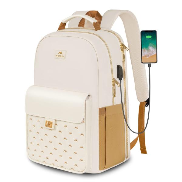 商品名: MATEIN ラップトップ バックパック レディース ガールズ ホワイト, ベージュ MATEIN Computer Backpack for Women, Large Anti Theft TSA 17 Inch Laptop ...