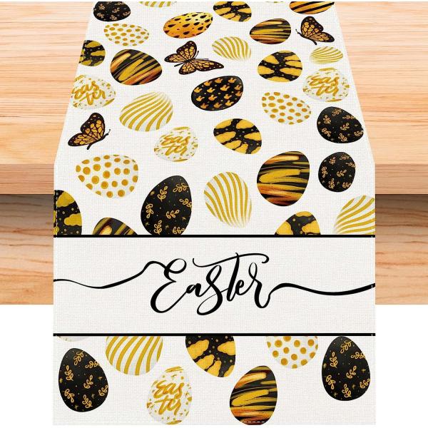 商品名Jiudungs リネン ブラック&amp;ゴールド イースターテーブルランナー 長さ72インチ イースターエッグバニー バタフライ テーブル装飾 春夏 イースター ホーム キッチン ダイニングルーム テーブルデコレーションJiudu...