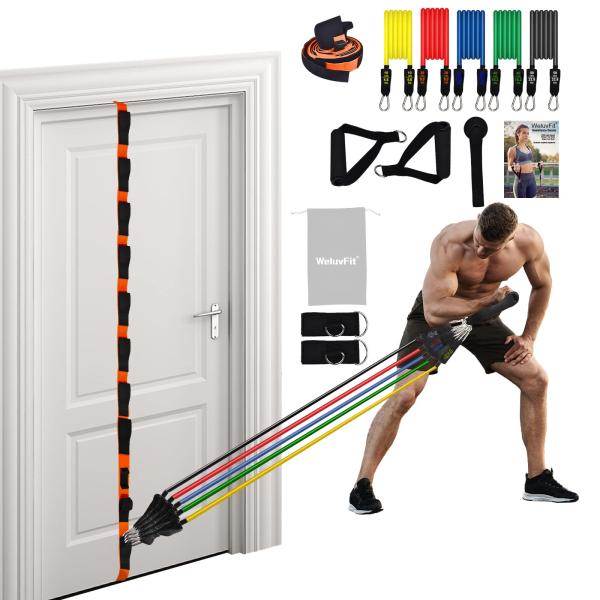 商品名: WeluvFit エクササイズバンド ワークアウト用 エクササイズ器具 ドアアンカーストラップ付き ホームジムワークアウト用 フルボディフィットネス機器 ベンチプレス デッドリフト スミスバーベルスクワット用 WeluvFit D...