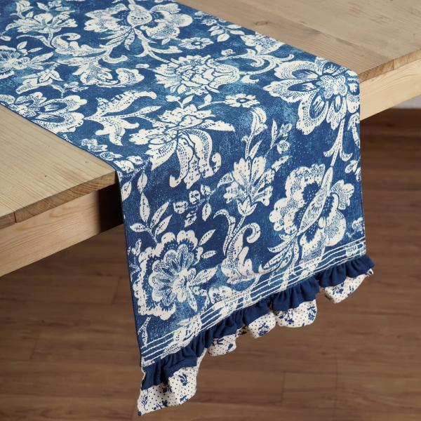 商品名:  Indigo Blue Cotton Table Runner, Bold Floral Block Print with Frill Border, Table D〓cor 14x60 inchesブランド: VLiving商...