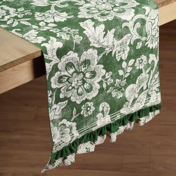 商品名:  Green Cotton Table Runner, Bold Floral Block Print with Frill Border, Table D〓cor 14x72 inchesブランド: VLiving商品番号: 海...