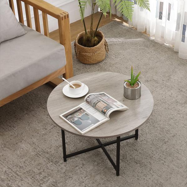 商品名: ラウンドコーヒーテーブル 素朴な木製トップ&amp;頑丈なメンタルレッグソファ カウチ テーブルサイドテーブルエンドテーブル アクセントテーブル リビングルーム バルコニー キッチン ナチュラルグレーオーク モダンデザイン家具 2...