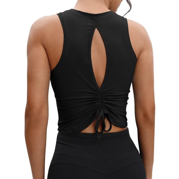 商品名:  VOOVEEYA Ruched Workout Tank Tops for Women Open Back - Crop Cute Tops Racerback Keyhole Cropped Yoga Tops Tie Bac...