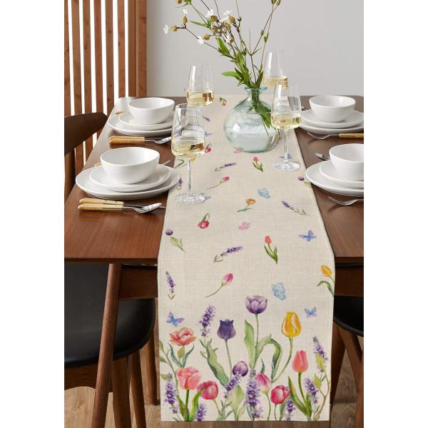 商品名:  Lavender Tulip Butterfly Spring Table Runner,Cotton Linen, Summer Seasonal Farmhouse Holiday Party Table Decoratio...