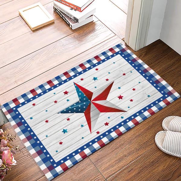 商品名: 独立記念日 愛国的な星とレッドブルーバッファローチェック格子縞、バスルームシャワーマット ドアマット 滑り止め、床ラグ 吸水カーペット フロアマット ホームデコ キッチン 寝室用ラグ、16インチ x 24インチ Independe...