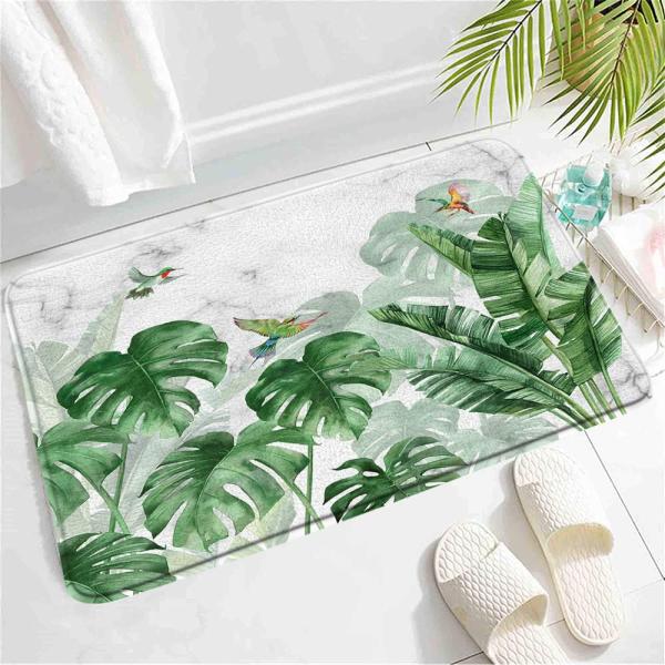 商品名:  Green Plant Birds Bath Mat,Fresh Tropical Rainforest Palm Tree Banana Leaf Leaves Hummingbird Marble Watercolor Ru...