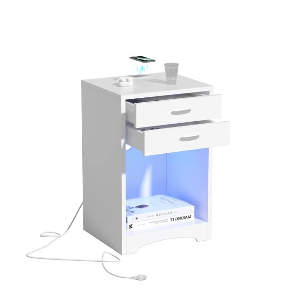 商品名:  HOSEOKA White Nightstand with Wireless Charging Station and RGB Lights, Sofa Side End Table with USB Ports and Out...