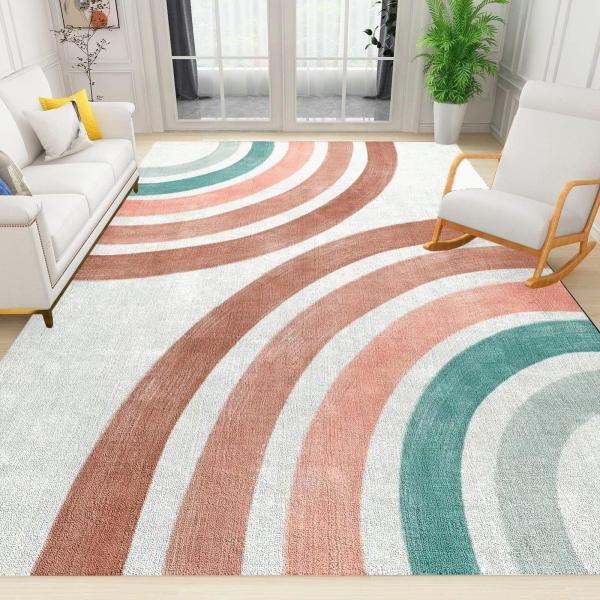 商品名:  Nordic Abstract Rainbow Area Rugs, Boho Geometry Bedroom Rug, Anti-Slip Low Pile Easy Clean Foldable Floor Decor C...