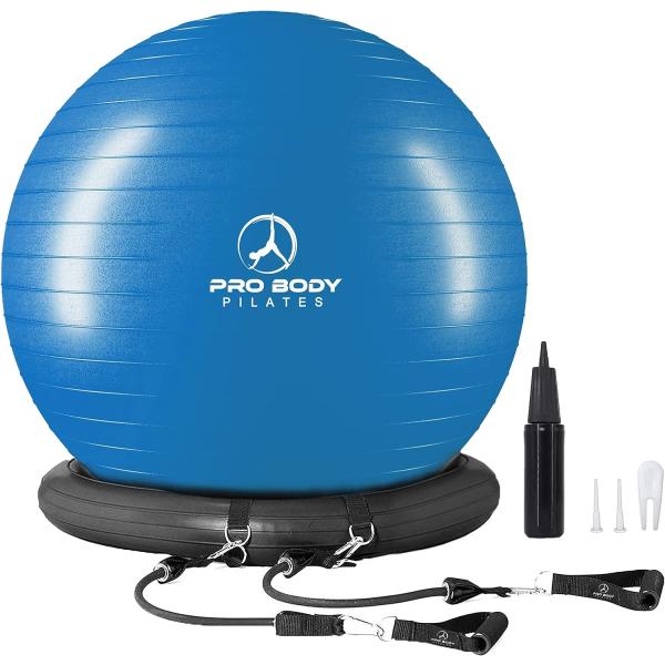 商品名ProBody ピラティスボール ヨガボールチェア エクササイズボールチェア ベースまたはスタンド付き ホームオフィスデスクの座りやワークアウト用 バランス&amp;安定性ボールシート 背中/腹筋用大型ジムボール ブルー バンド付きP...