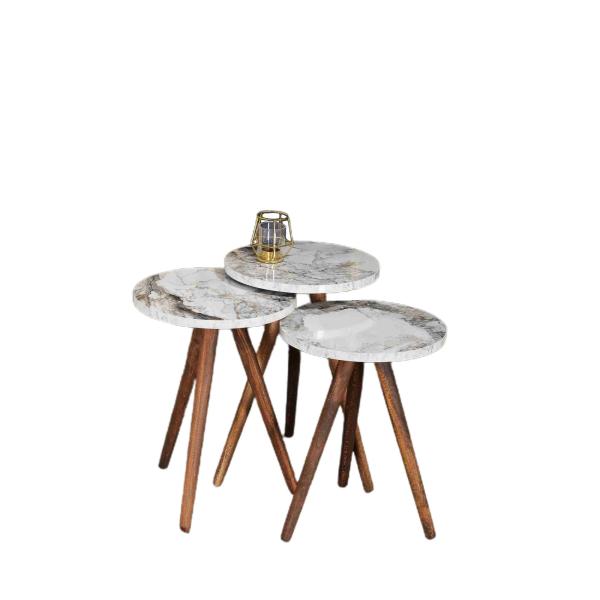 商品名: ネスティングコーヒーテーブル 木製脚付き ラウンドエンドテーブル3点セット リビングルーム用 大理石デザイン スタッキングサイドテーブル リビングルームのアクセントテーブル3点セット スモールサイドテーブル (ホワイトマーブル) ...