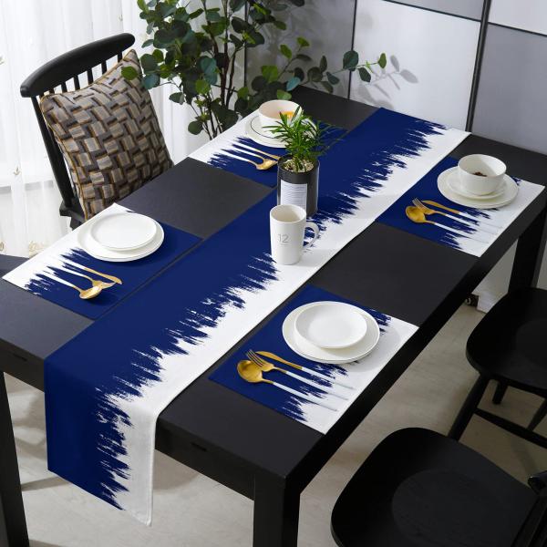 商品名:  Navy Blue White Texture Placemat with Matching Table Runner Cotton Linen Burlap Coffee Table Mat Top Set,Abstract ...