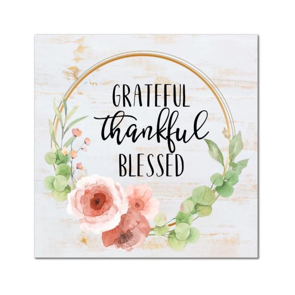 商品名:  Grateful Thankful Blessed Wooden Signs Spring Rose Flower Wreath Plaque Botanical Artwork Farmhouse Wooden Wall Ar...