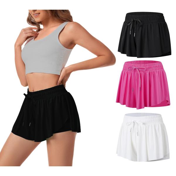 商品名:  3 Pack Flowy Athletic Shorts for Women Running Tennis Butterfly Shorts Girls 2 in 1 Quick-Dry Comfy Skorts M Black...