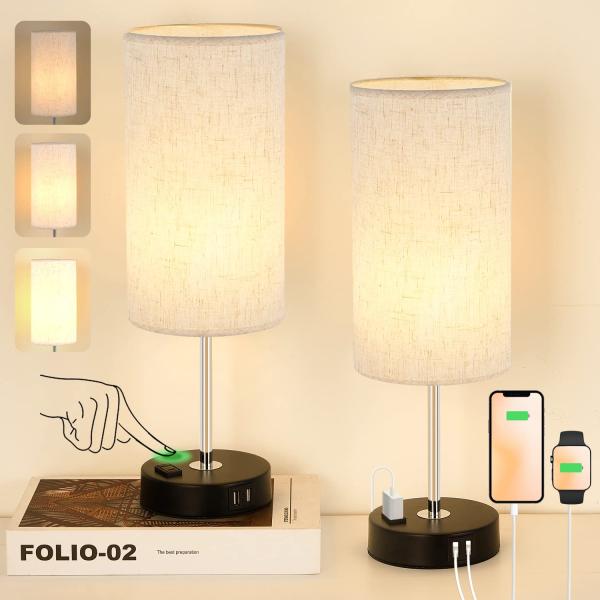 商品名:  Spacrea Small Table Lamps for Bedrooms Set of 2, 3 Way Dimmable Touch Lamp with 2 USB Port &amp; AC Outlet, Round ...