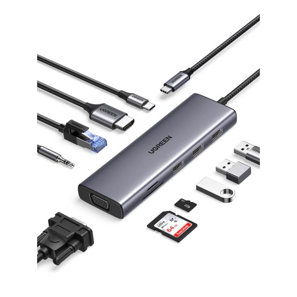 商品名: UGREEN 10-in-1 USB C ハブ 【2023新版】4K HDMI&amp; VGA出力 USBハブ 3xUSB3.0 ハブ 100W PD急速充電 1Gbps イーサネット 3.5mmオーディオポート付き SD/Mi...