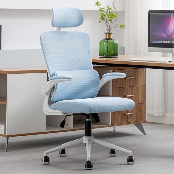 商品名: オフィスチェア デスクチェア メッシュ 椅子 ハイバック 通気性 ヘッドレスト 自動適応腰サポート パソコンチェア 跳ね上げ式アームレスト ロッキング機能 無段階昇降 疲れない デスクワーク ブルー Office Chair He...