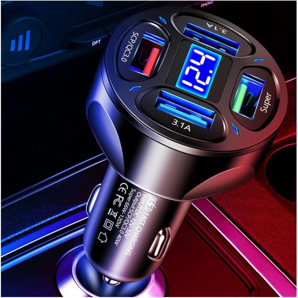 商品名66W 4 USB Car Charger Fast Charge with Voltmeter LED Light Display Car Charger Adapter QC 3.0/3.1A Super Fast Chargin...
