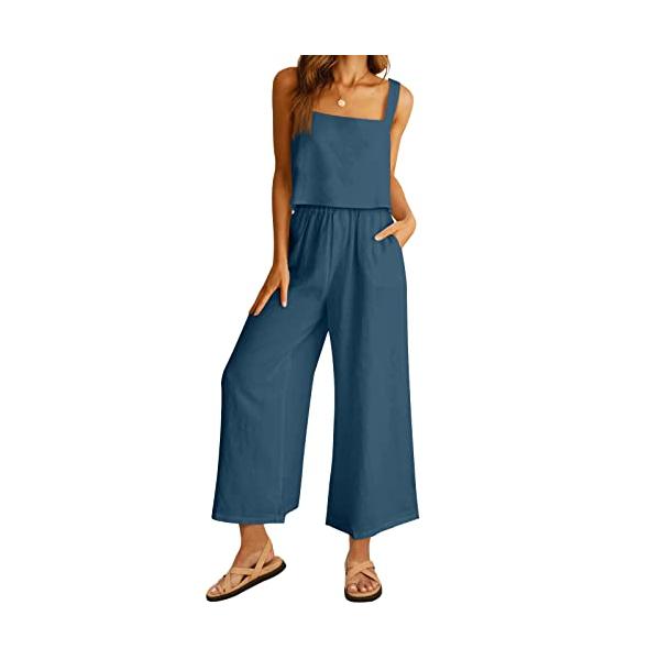 商品名:  AUTOMET Womens 2 Piece Outfits Matching Sets Summer Casual Linen Crop Top Wide Leg Pants Tracksuits with Pockets 2...