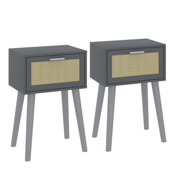 商品名: LAATOOREE ナイトスタンド 2個セット 小さなエンドテーブル ラタンドア付き ベッドサイドテーブル 無垢材足付き ボーホーサイドテーブル 寝室 リビングルーム 小さなスペース グレー LAATOOREE Nightstan...