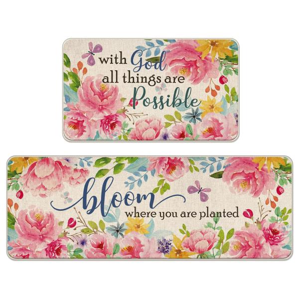 商品名:  Tailus with God All Things are Possible Spring Decorative Kitchen Rugs Set of 2, Religious Peony Flower Kitchen Ma...