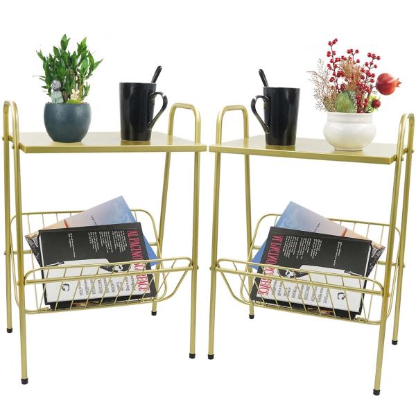 商品名: Jbikao サイドテーブル レコードプレーヤースタンド 収納付き マガジンラックテーブル ナイトスタンド リビングルーム用エンドテーブル メタル ゴールド 2個 Jbikao Gold End Table Set of 2, S...