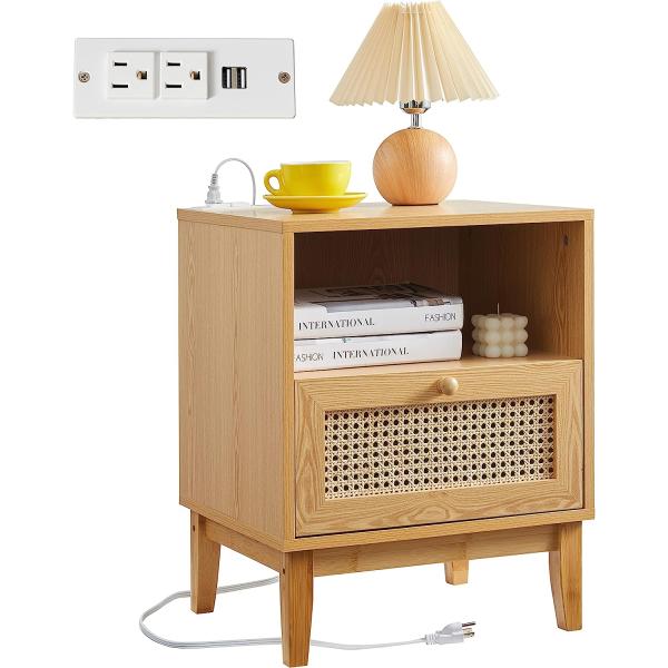 商品名GTOLV Rattan Nightstand with Charging Station, Boho End Table with Handmade Rattan Decorated Drawer and Bamboo Legs f...