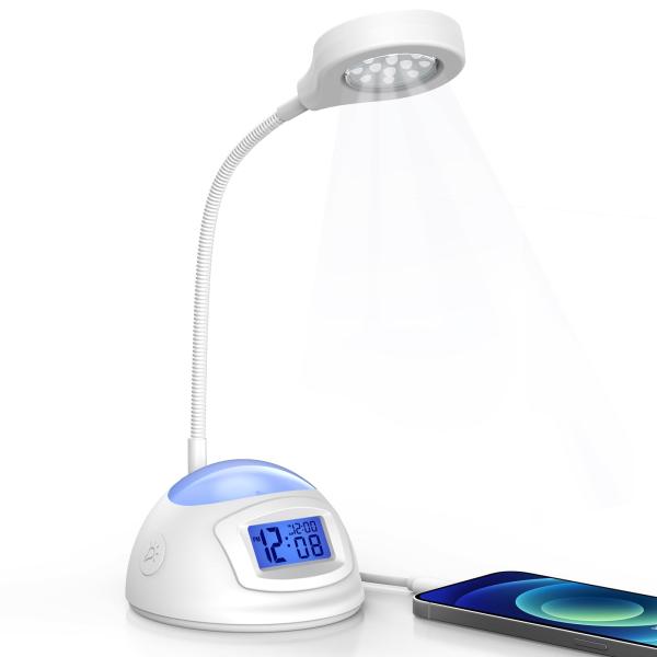 商品名:  REACHER Small Digital Alarm Clock with Flexible Desk Lamp, USB Charging Port, LED Reading Light, Color-Changing Mo...