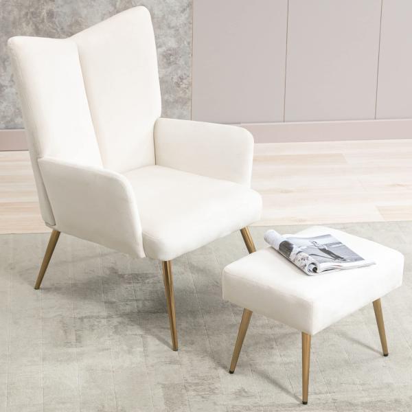 商品名:  VESCASA Velvet Accent Chair with Footrest Stool, Modern V-Back Armchair with Gold Metal Legs, Set of Living Room C...