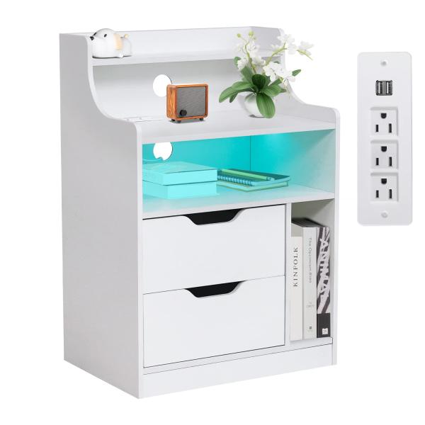 商品名: ARTETHYS ナイトスタンド 充電ステーションと引き出し2つ付き ホワイト ナイトスタンド ライトUSBポートとコンセント 背の高いエンドテーブル 棚付きナイトスタンド リビングルーム 寝室用 ARTETHYS Nightst...