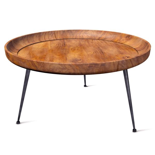 商品名:  Handmade Mango Wooden Coffee Table - Natural Brown Finish with Round Top and Splayed Metal Legs for Serving and De...