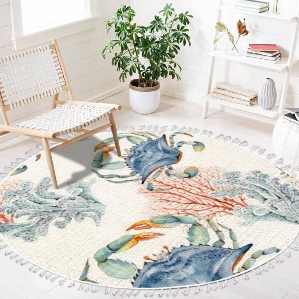 商品名:  Round Boho Area Rug sea Blue Crabs Corals Watercolor Hand Painted Nautical Carpet with Tassels Meditation Rug Wash...