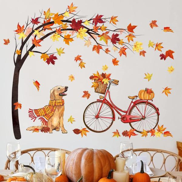 商品名Mfault Fall Maple Leaves Wall Decals Stickers, Autumn Golden Retriever Dog Bicycle Tree Decorations Bedroom Art, Pupp...