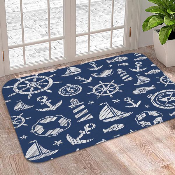商品名:  Welcome Doormat,Ocean White Anchor Rudder Water Absorbent Bath Rug,Lighthouse Ship on Navy Blue Nautical Non Slip ...