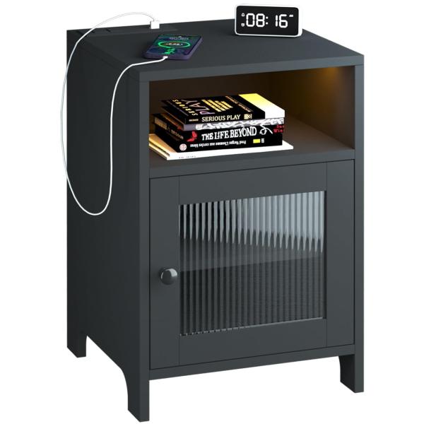商品名:  YOURLITE Black Nightstand with Charging Station &amp; LED Lights, Modern Bedroom End Side Table with Print Glass D...