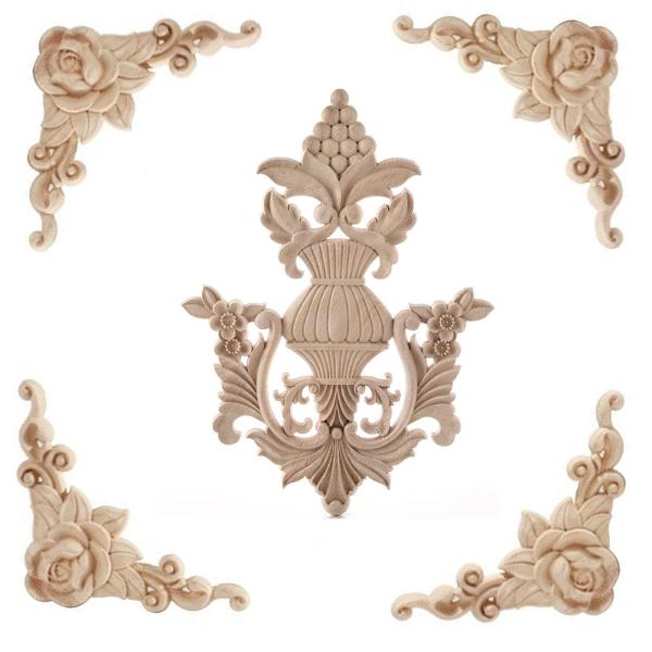 商品名: LXYUUM 5個 木製アップリケ オンレー 装飾 家具 木彫り オンレイ ベッド ドア キャビネット ワードローブ 家具 ロングデコレーション 未塗装 木彫り 装飾、04 LXYUUM 5PCS Wood Appliques O...