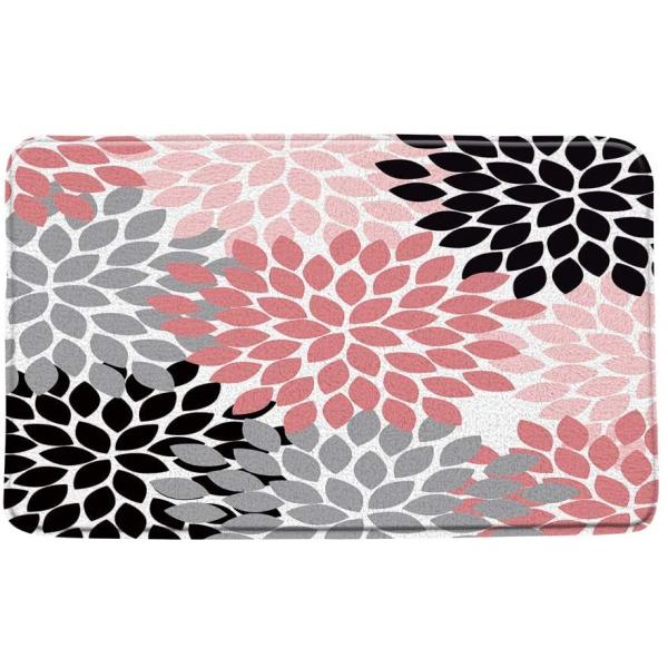 商品名:  KXO Dahlia Bath Mat Pinnata Floral Black Gray Coral Pink Flower Pattern Unique Modern Bathroom Shower Mat Kitchen ...