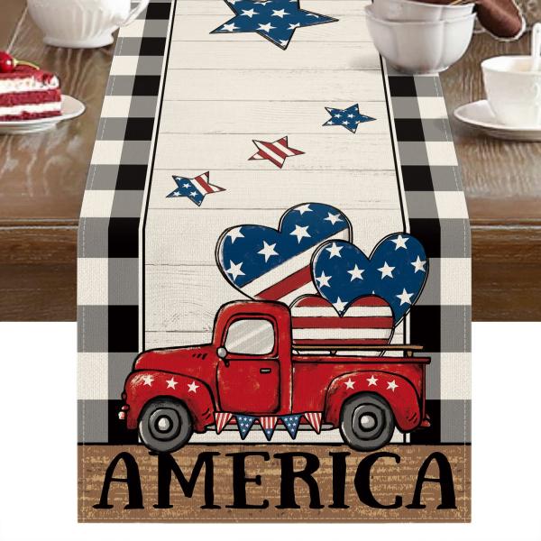 商品名: DLZDN 7月4日 トラックテーブルランナー 愛国的なストライプと星 テーブルランナー 独立記念日 メモリアルデー 素朴なバッファローチェック ホリデー ホーム キッチン ダイニングテーブル ホームパーティー装飾 13x72イン...