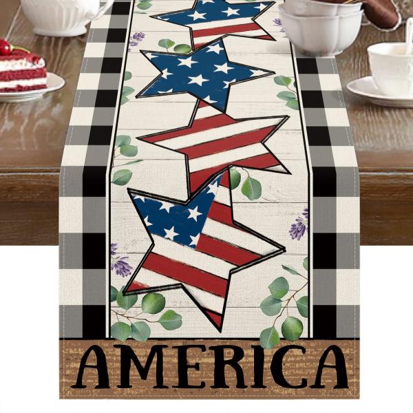 商品名: DLZDN 7月4日 テーブルランナー 愛国的なストライプと星 テーブルランナー 独立記念日 メモリアルデー 退役軍人の日 素朴 バッファロー チェック ホリデー ホーム キッチン ダイニングテーブル ホームパーティー 装飾 13...