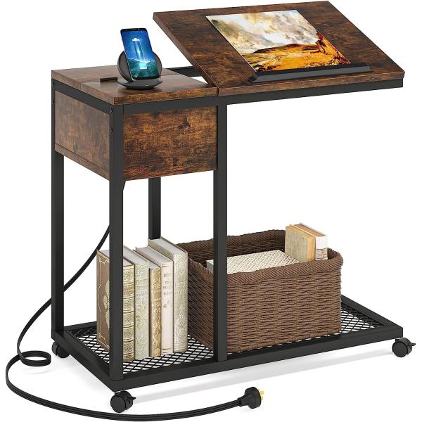 商品名LITTLE TREE Cサイドソファ カウチ ノートパソコンテーブル USB付き S ブラウンLITTLE TREE Rolling C Side Sofa Couch Table with Power Outlet, Small,...