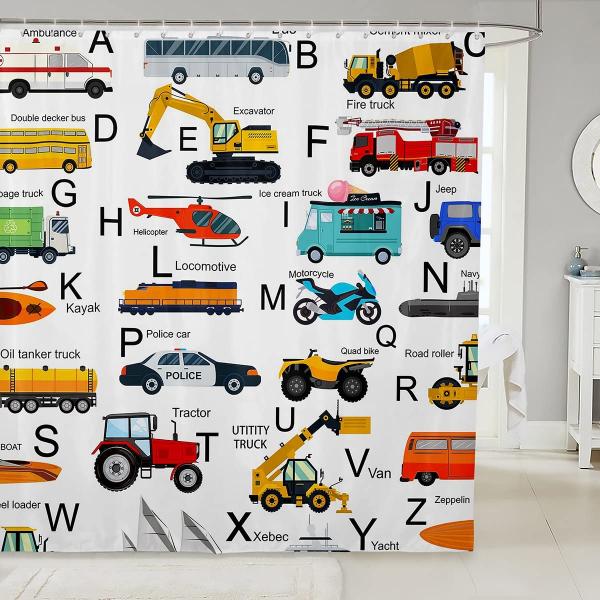 商品名:  Learning Alphabet Bathroom Decor Cartoon Truck Cute English Alphabet Bath Curtain,Excavator Police Car ABC Pattern...