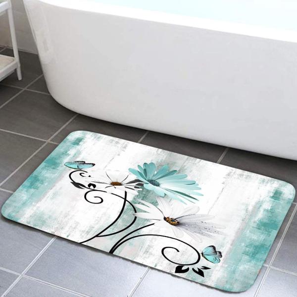 商品名:  Rustic Farmhouse Bath Rug, Farm Teal Daisy Floral Flowers and Butterfly on Country Wooden Turquoise Blue Kitchen R...