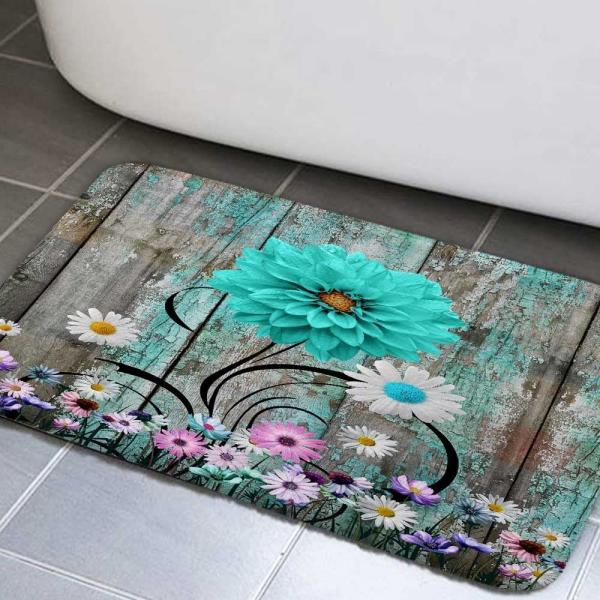 商品名:  Rustic Farmhouse Bathroom Rugs, Teal Dahlia on Rustic Wooden Plank Bathroom Rugs Country Barn Wood Turquoise Blue ...